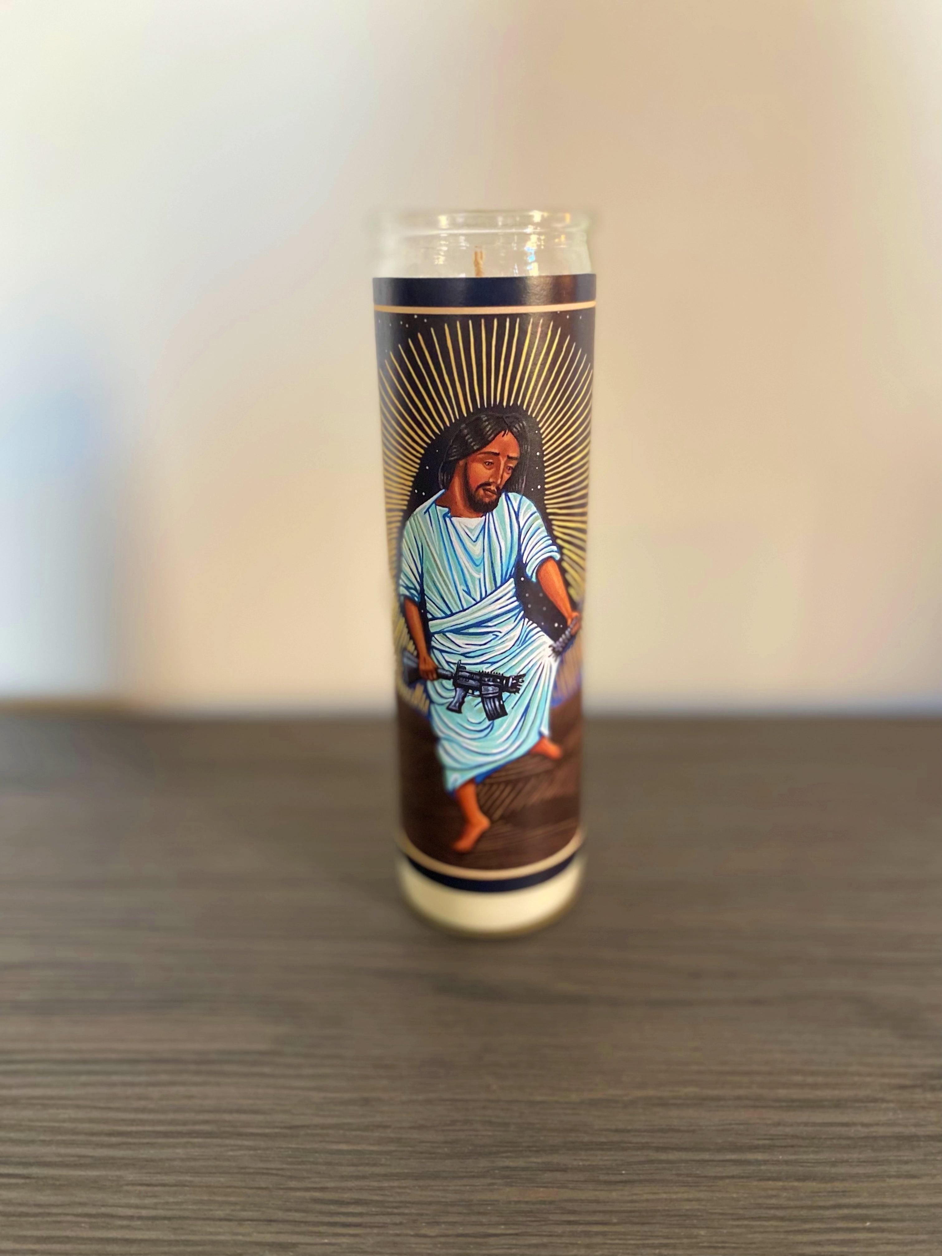 Christ Breaks the Rifle Prayer Candle – Kelly Latimore Icons